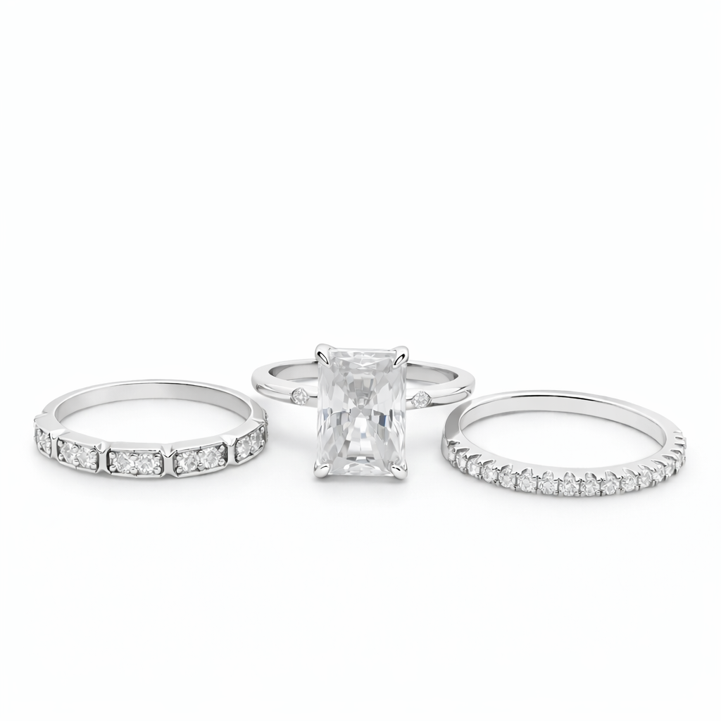 Sterling Silver 3.5ct Radiant Cut Moissanite Stackable 3 Piece Ring Se ...